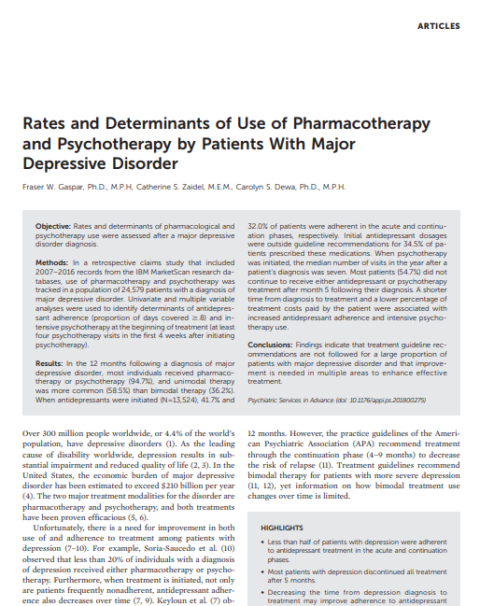 Article - Use of Pharmacotherapy and Psychotherapy for Major Depressive ...